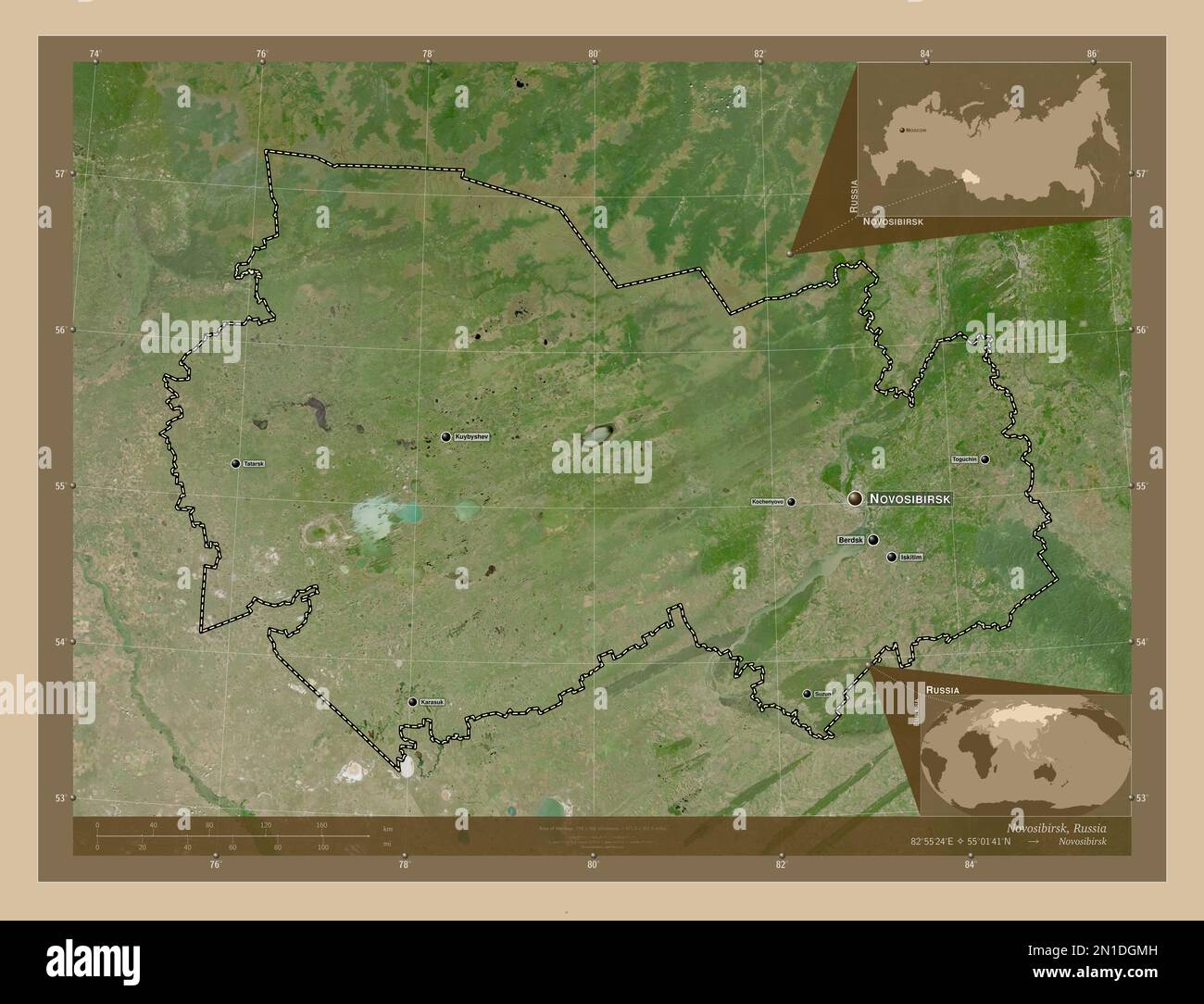 Novosibirsk, region of Russia. Low resolution satellite map. Locations ...