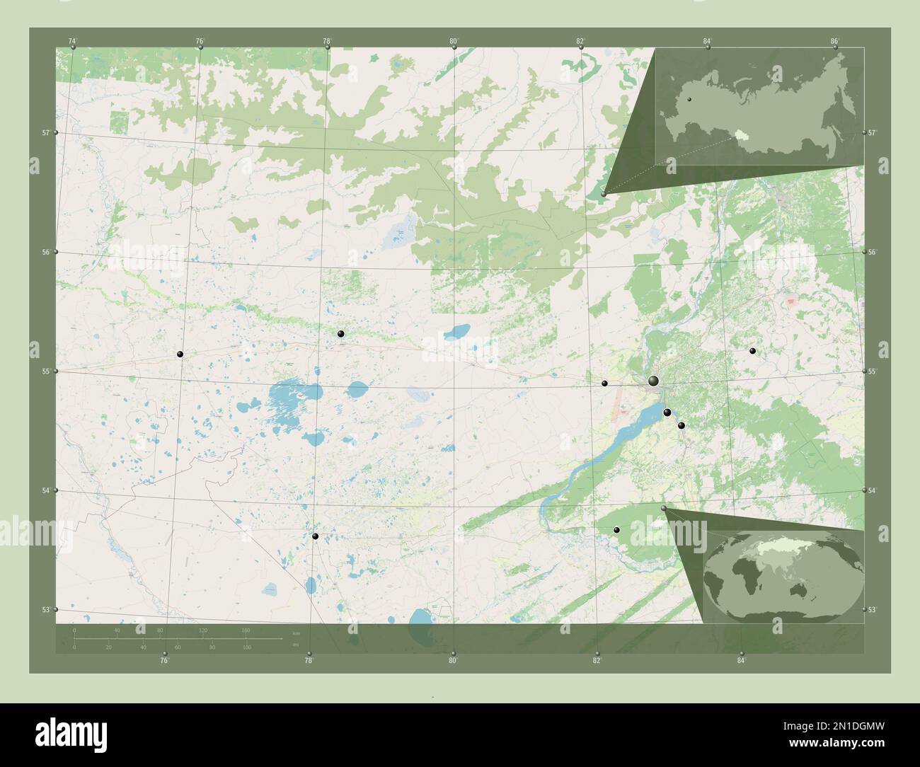 Novosibirsk, region of Russia. Open Street Map. Locations of major ...