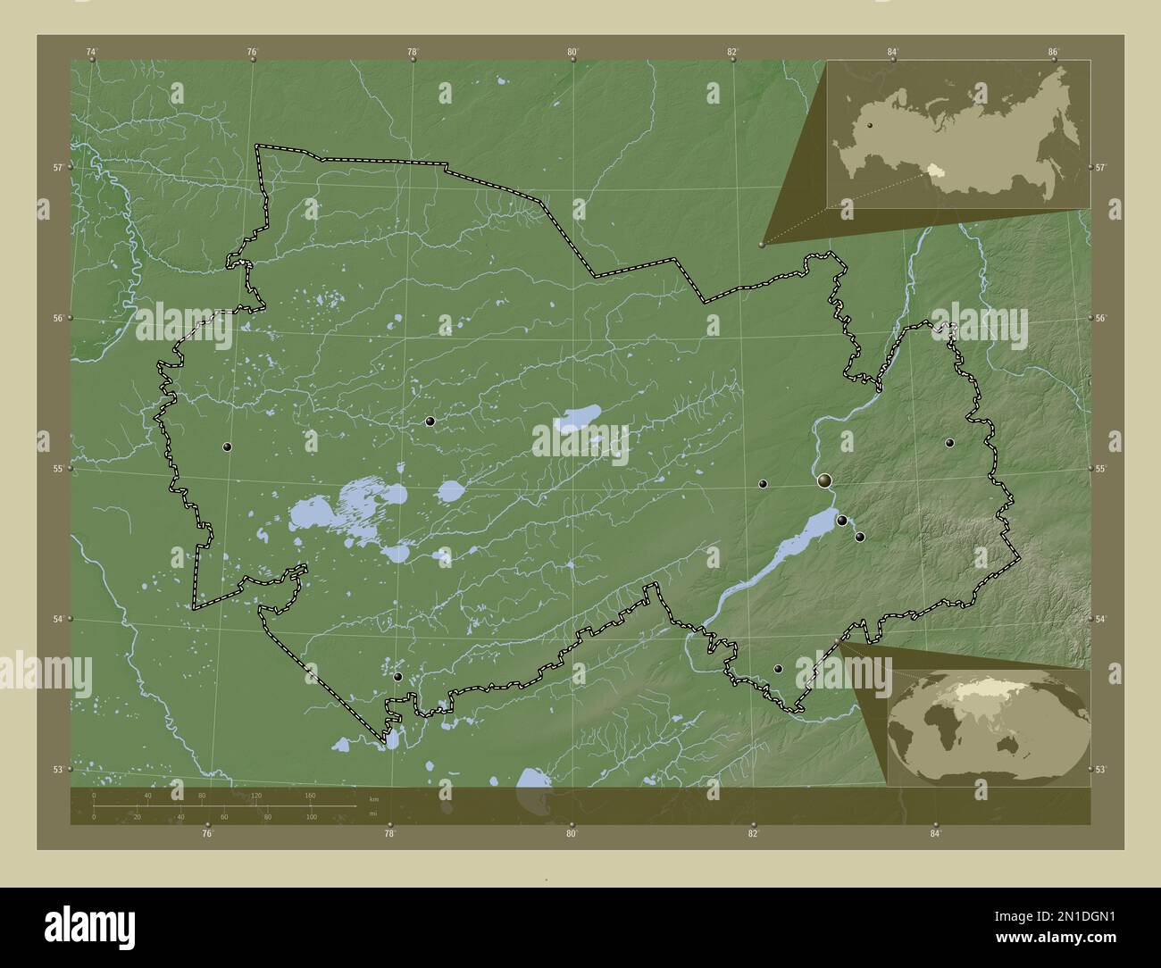 Novosibirsk, region of Russia. Elevation map colored in wiki style with ...