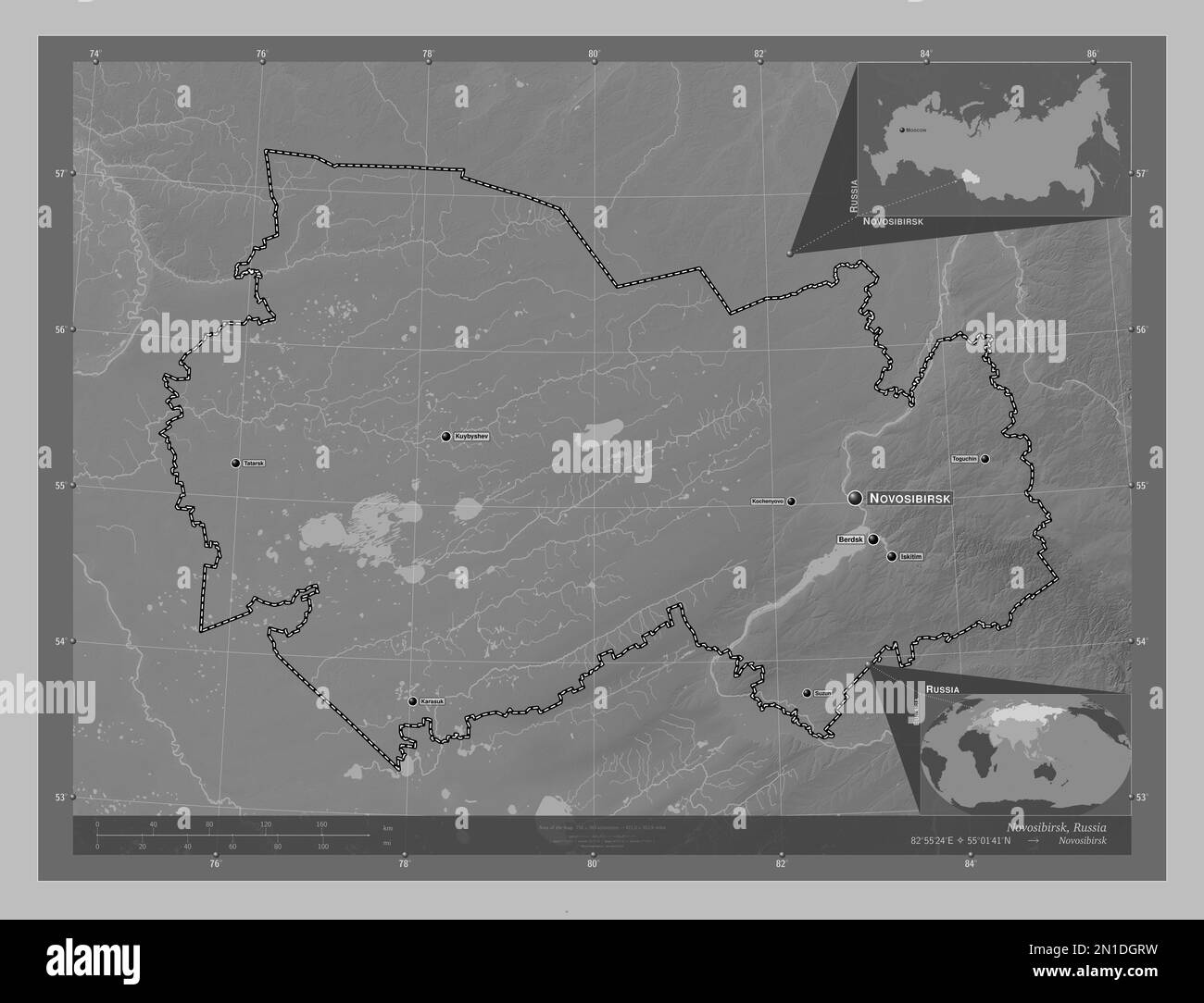 Novosibirsk, region of Russia. Grayscale elevation map with lakes and ...
