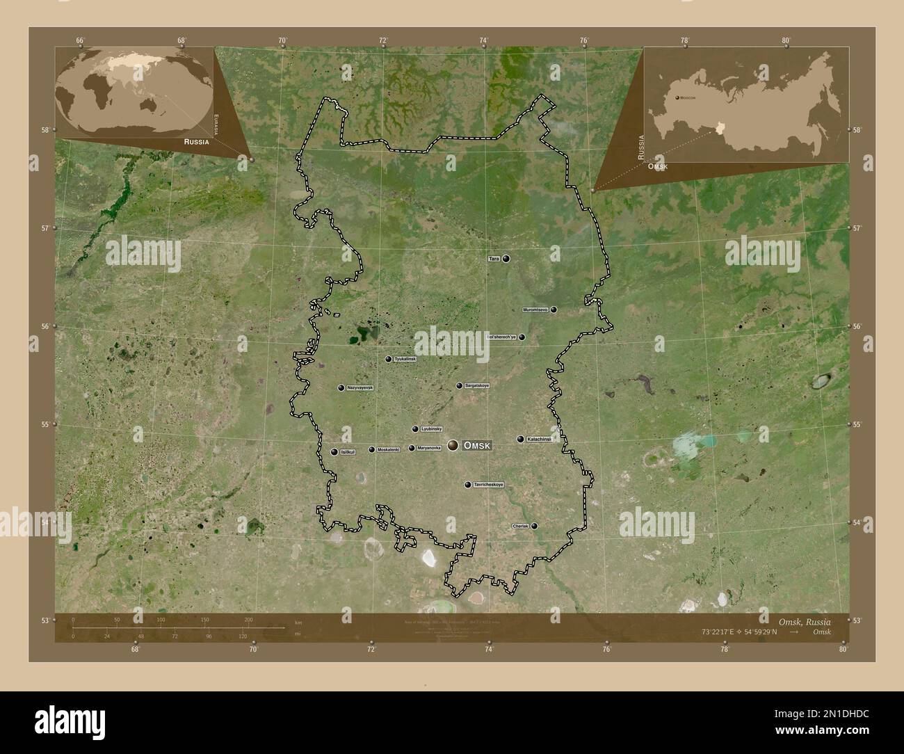 Omsk, region of Russia. Low resolution satellite map. Locations and ...