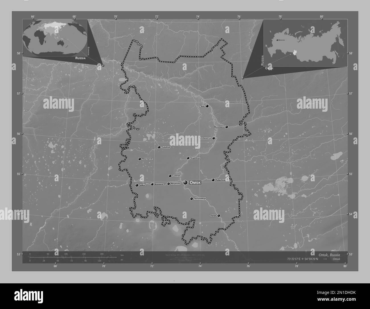 Omsk, region of Russia. Grayscale elevation map with lakes and rivers ...