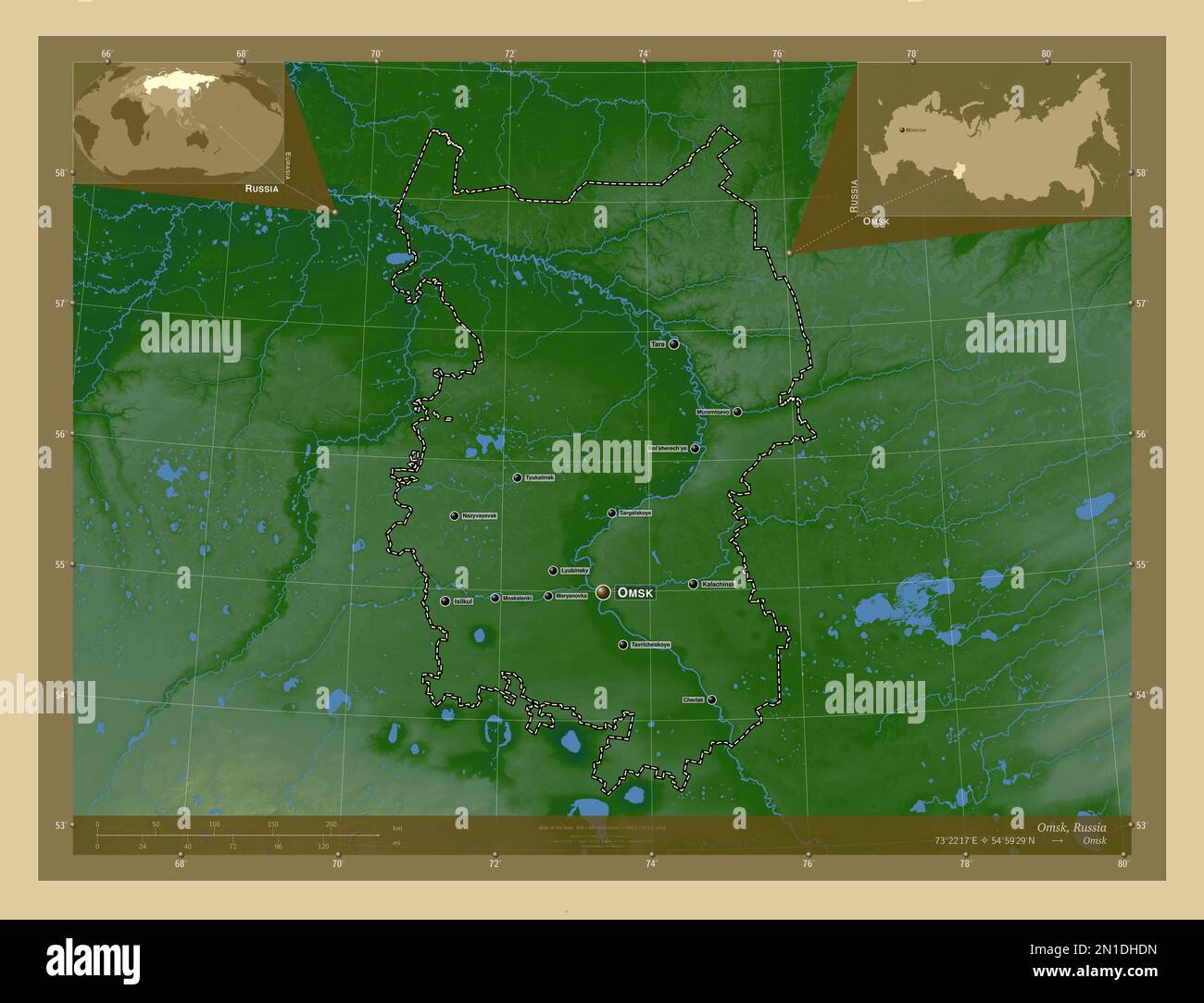 Omsk, region of Russia. Colored elevation map with lakes and rivers ...
