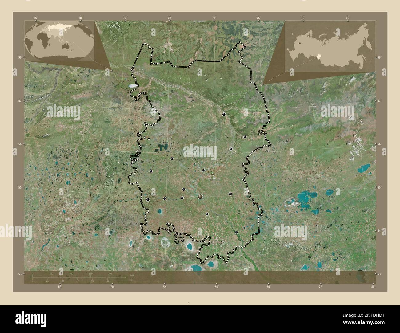 Omsk, region of Russia. High resolution satellite map. Locations of ...