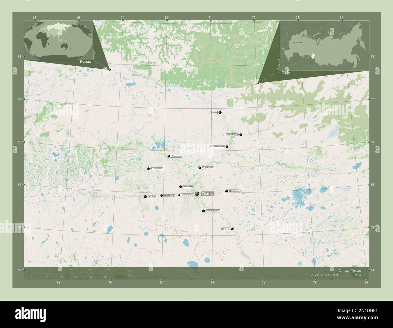 Omsk, region of Russia. Open Street Map. Locations and names of major ...