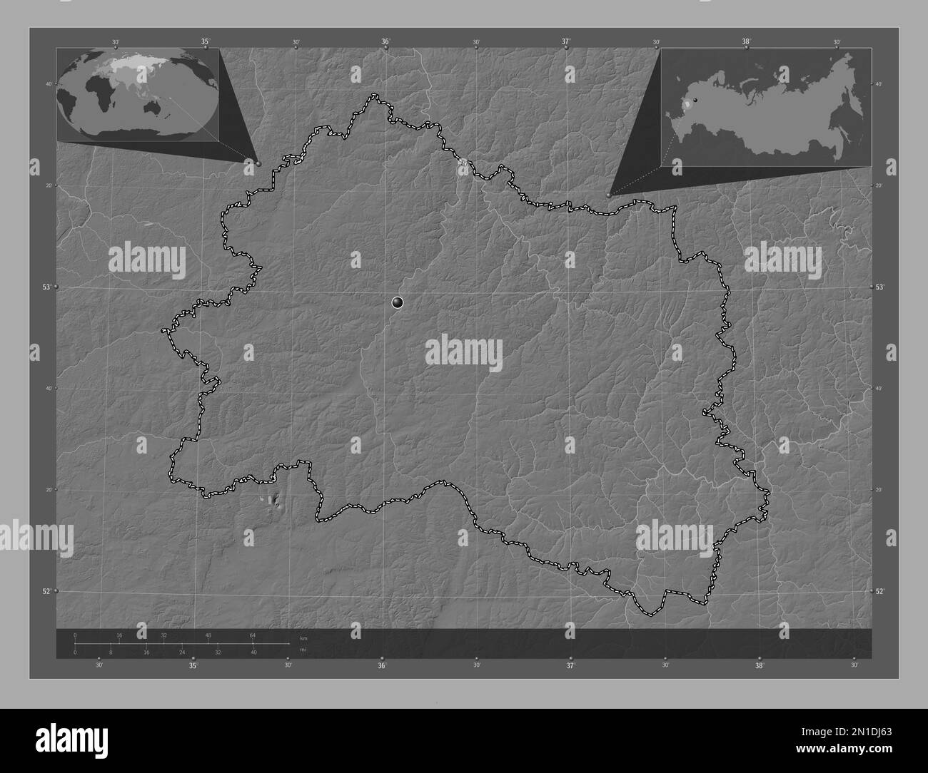 Orel, region of Russia. Bilevel elevation map with lakes and rivers ...