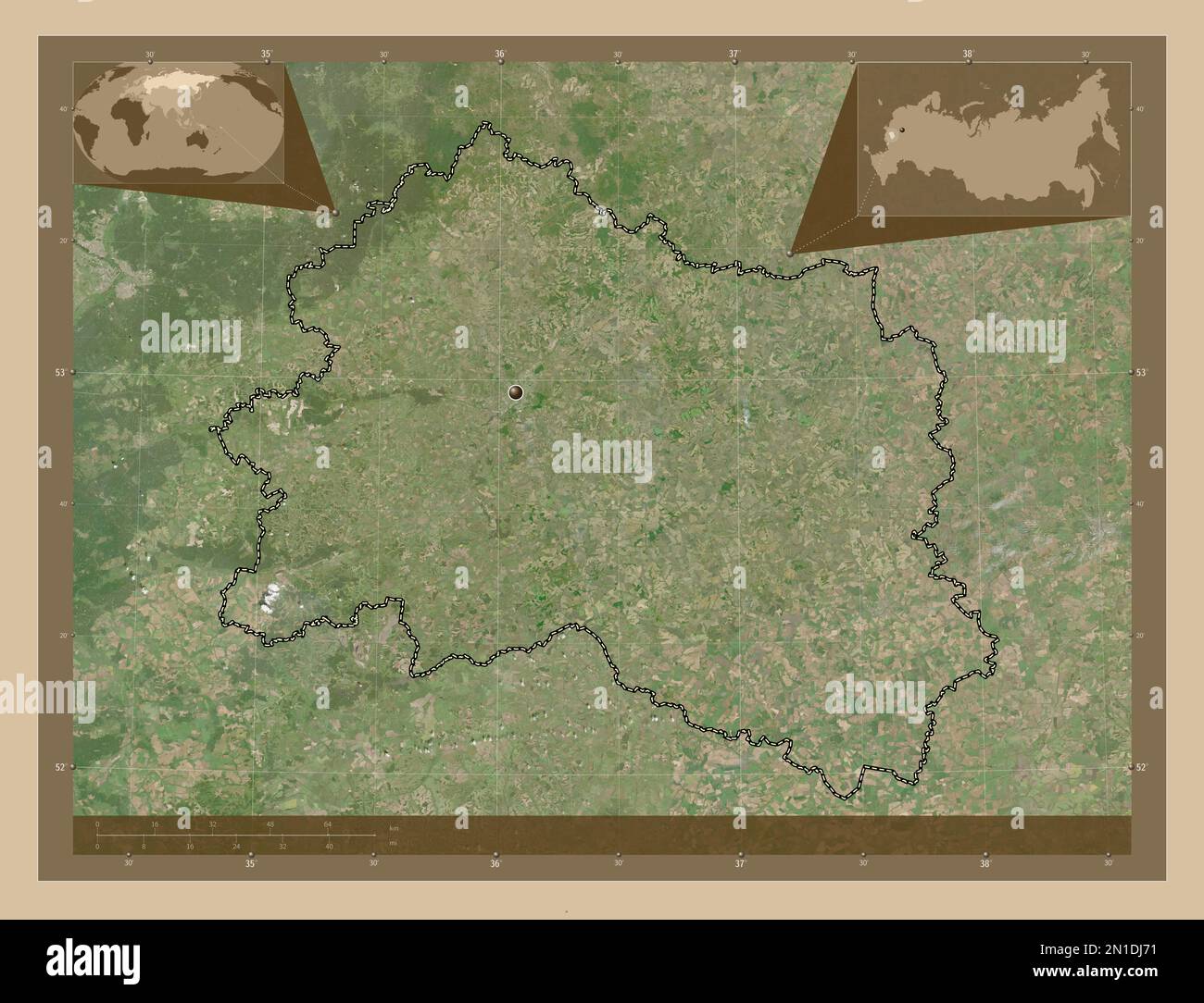 Orel, region of Russia. Low resolution satellite map. Corner auxiliary ...