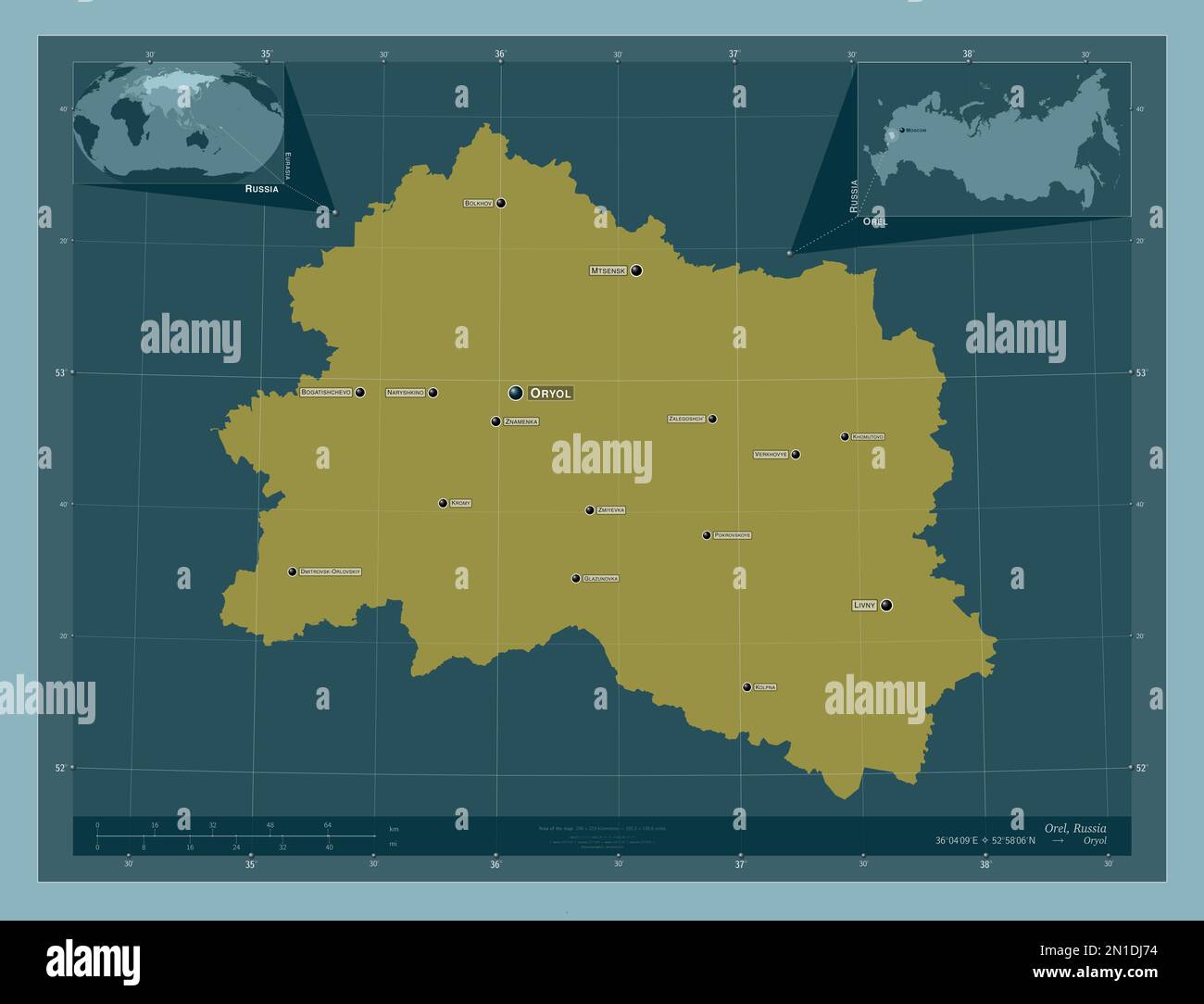 Orel, region of Russia. Solid color shape. Locations and names of major ...
