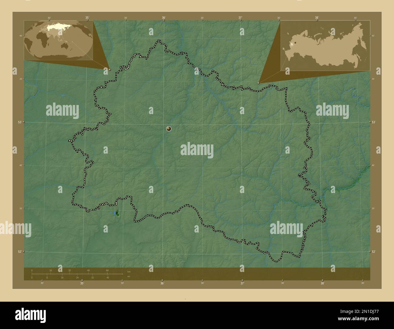 Orel, region of Russia. Colored elevation map with lakes and rivers ...
