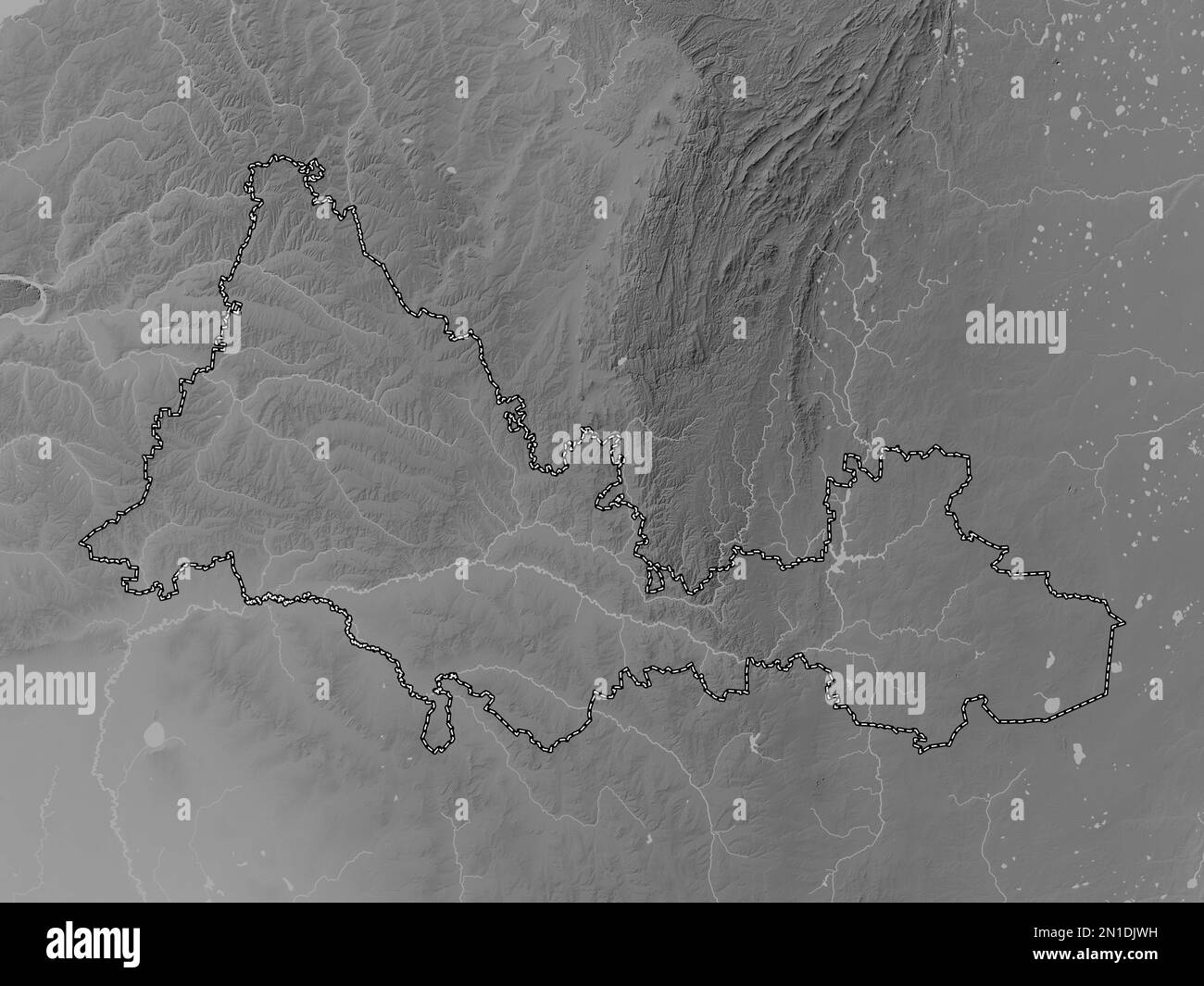 Orenburg, region of Russia. Grayscale elevation map with lakes and ...
