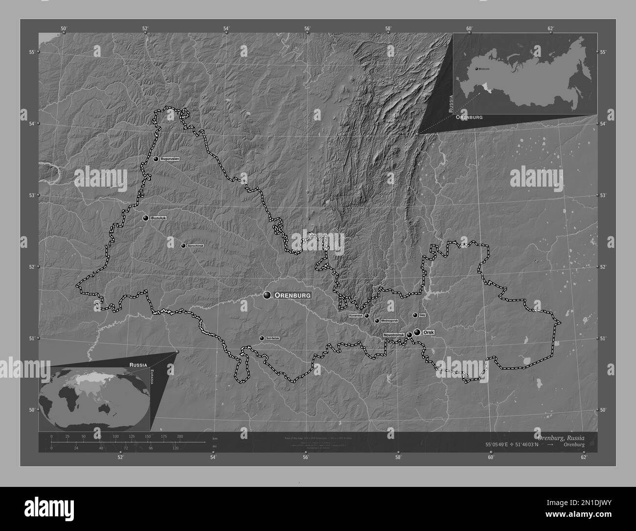 Orenburg, region of Russia. Bilevel elevation map with lakes and rivers ...