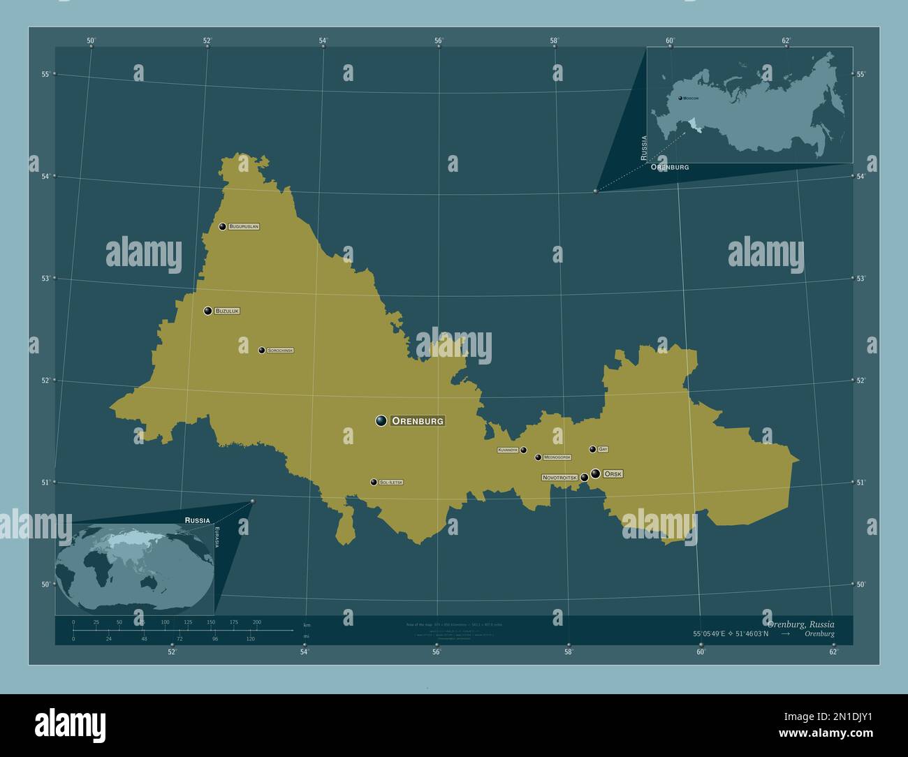 Orenburg, region of Russia. Solid color shape. Locations and names of ...