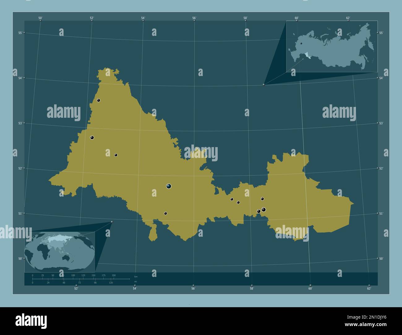 Orenburg, region of Russia. Solid color shape. Locations of major ...