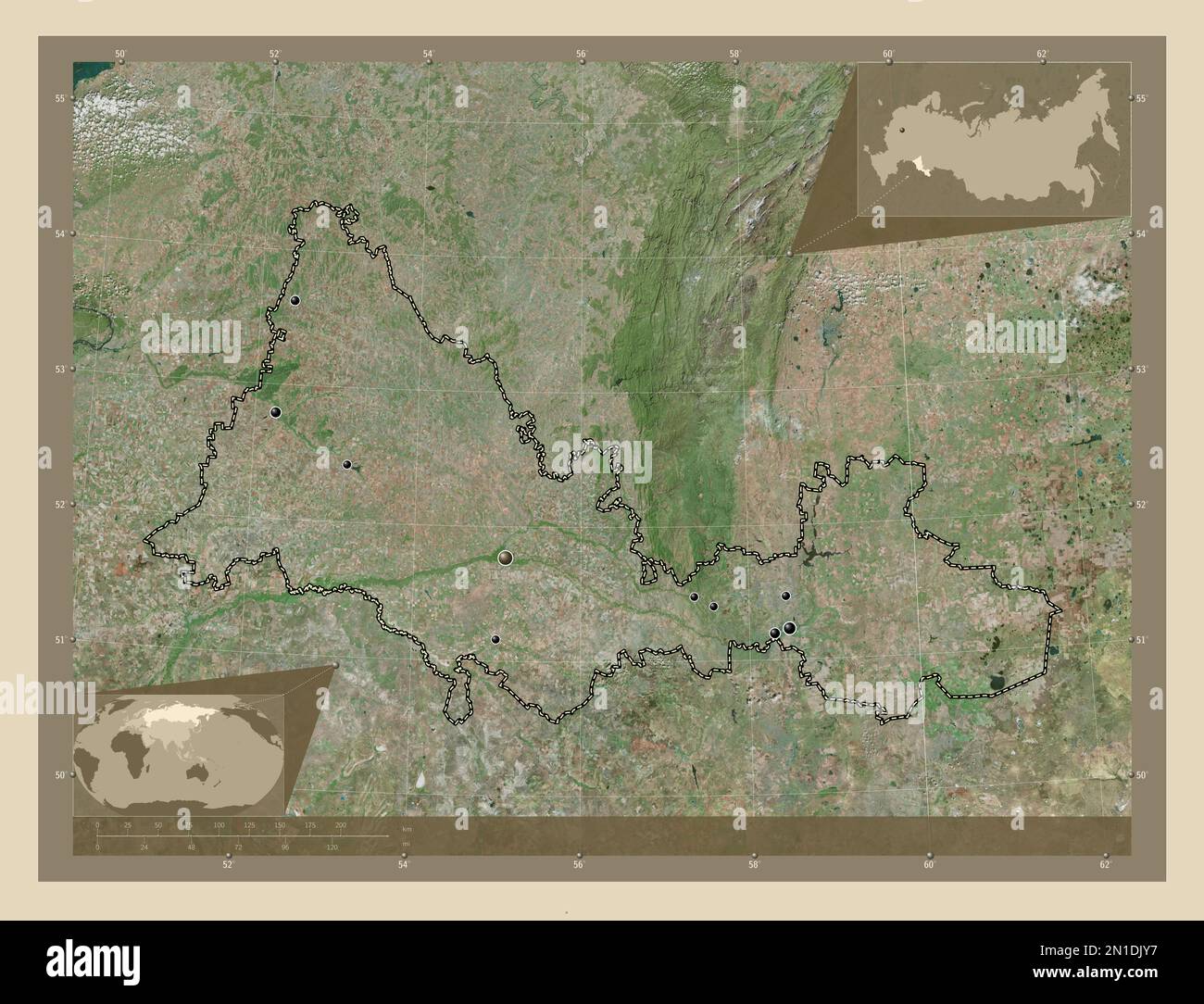 Orenburg, region of Russia. High resolution satellite map. Locations of ...