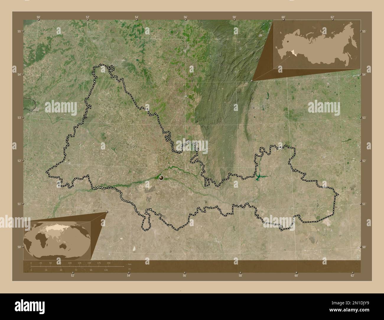 Orenburg, region of Russia. Low resolution satellite map. Corner ...