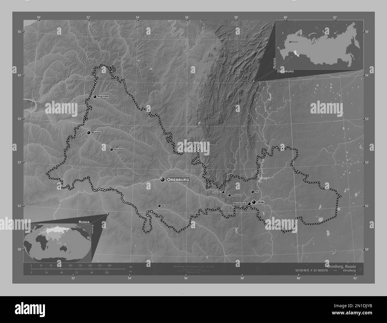 Orenburg, region of Russia. Grayscale elevation map with lakes and ...