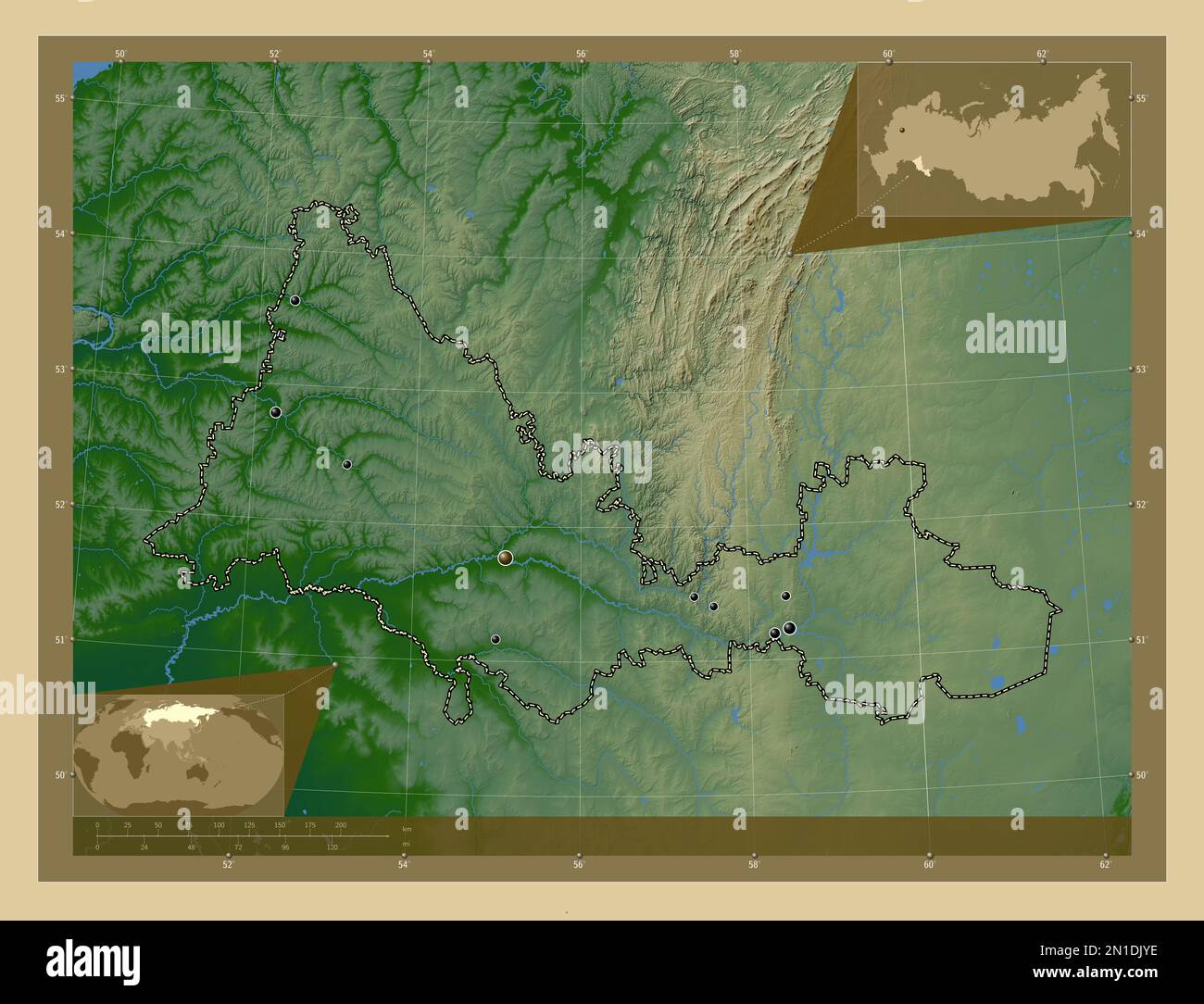Orenburg, region of Russia. Colored elevation map with lakes and rivers ...