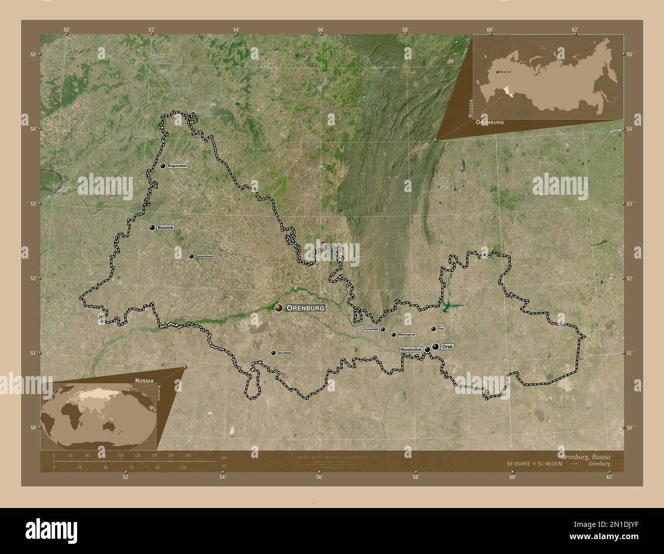 Orenburg, region of Russia. Low resolution satellite map. Locations and ...