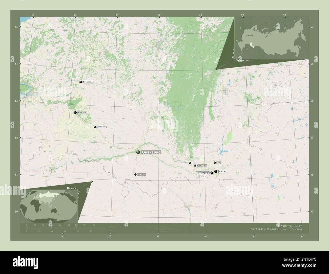 Orenburg, region of Russia. Open Street Map. Locations and names of ...