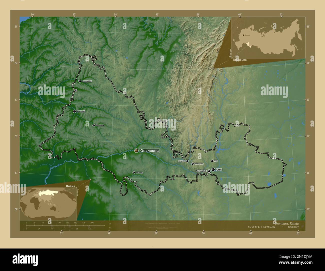 Orenburg, region of Russia. Colored elevation map with lakes and rivers ...
