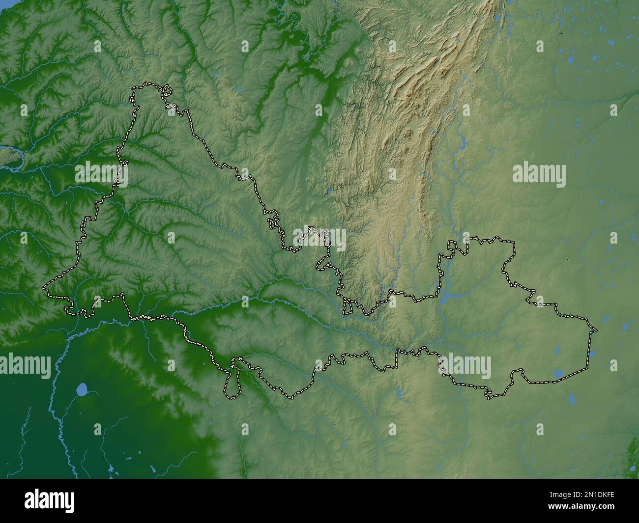 Orenburg, region of Russia. Colored elevation map with lakes and rivers ...