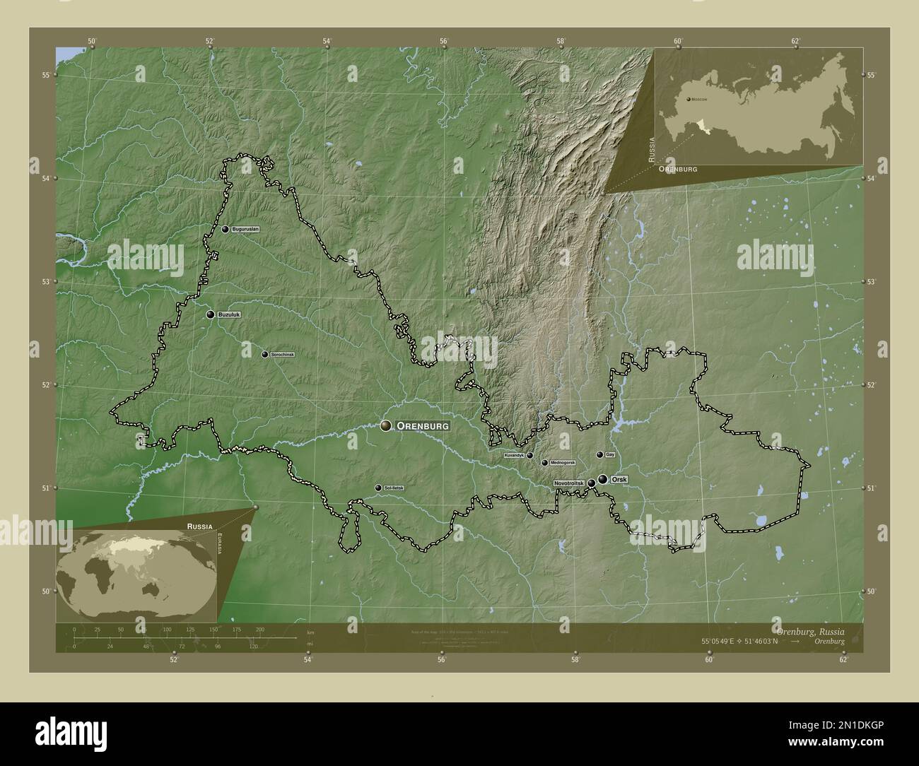 Orenburg, region of Russia. Elevation map colored in wiki style with ...