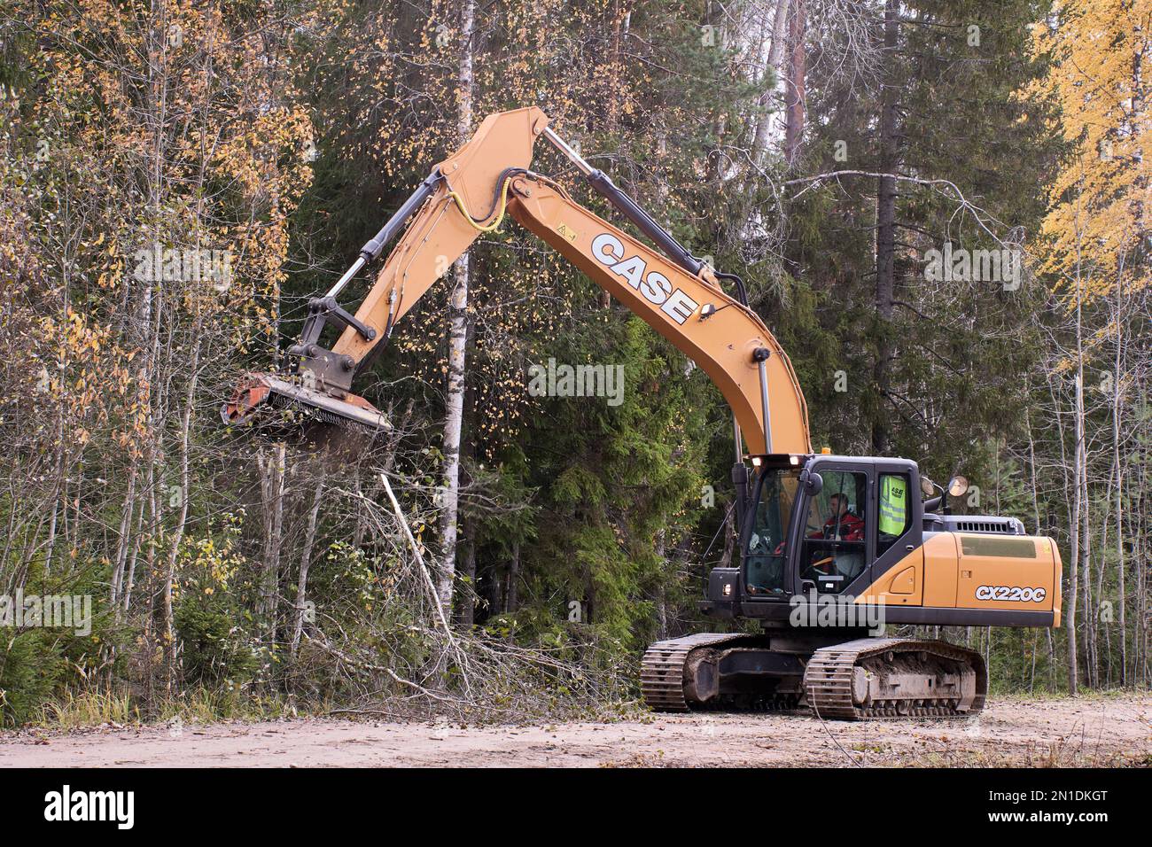 Mulching roadside vegetation with mulcher head excavator Stock Photo ...
