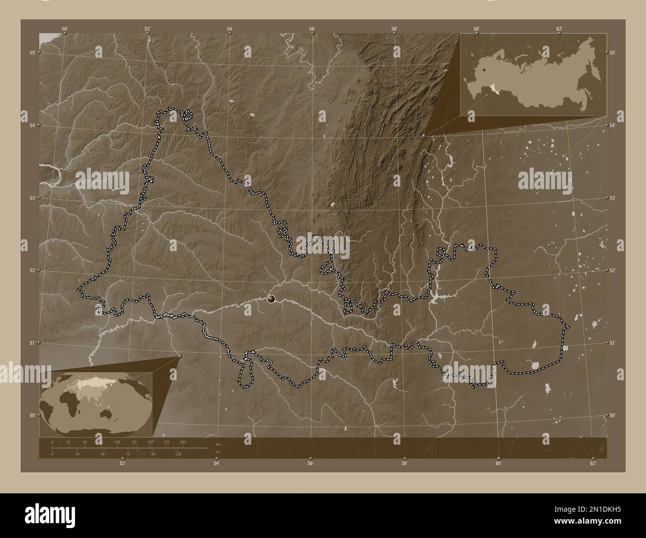 Orenburg, region of Russia. Elevation map colored in sepia tones with ...