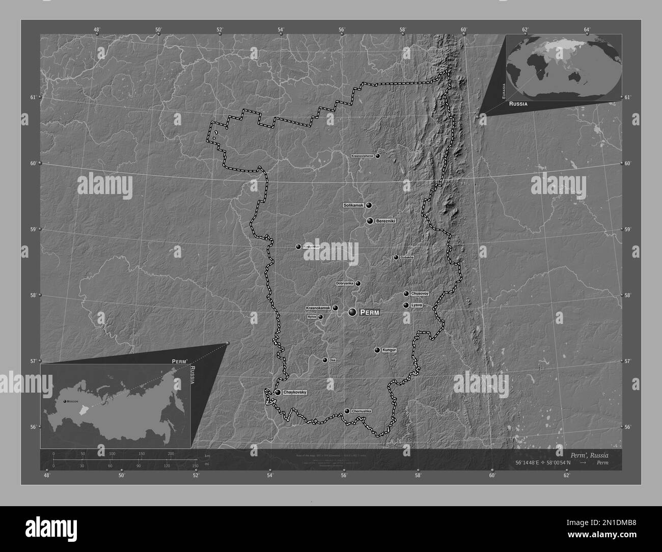 Perm', territory of Russia. Bilevel elevation map with lakes and rivers ...
