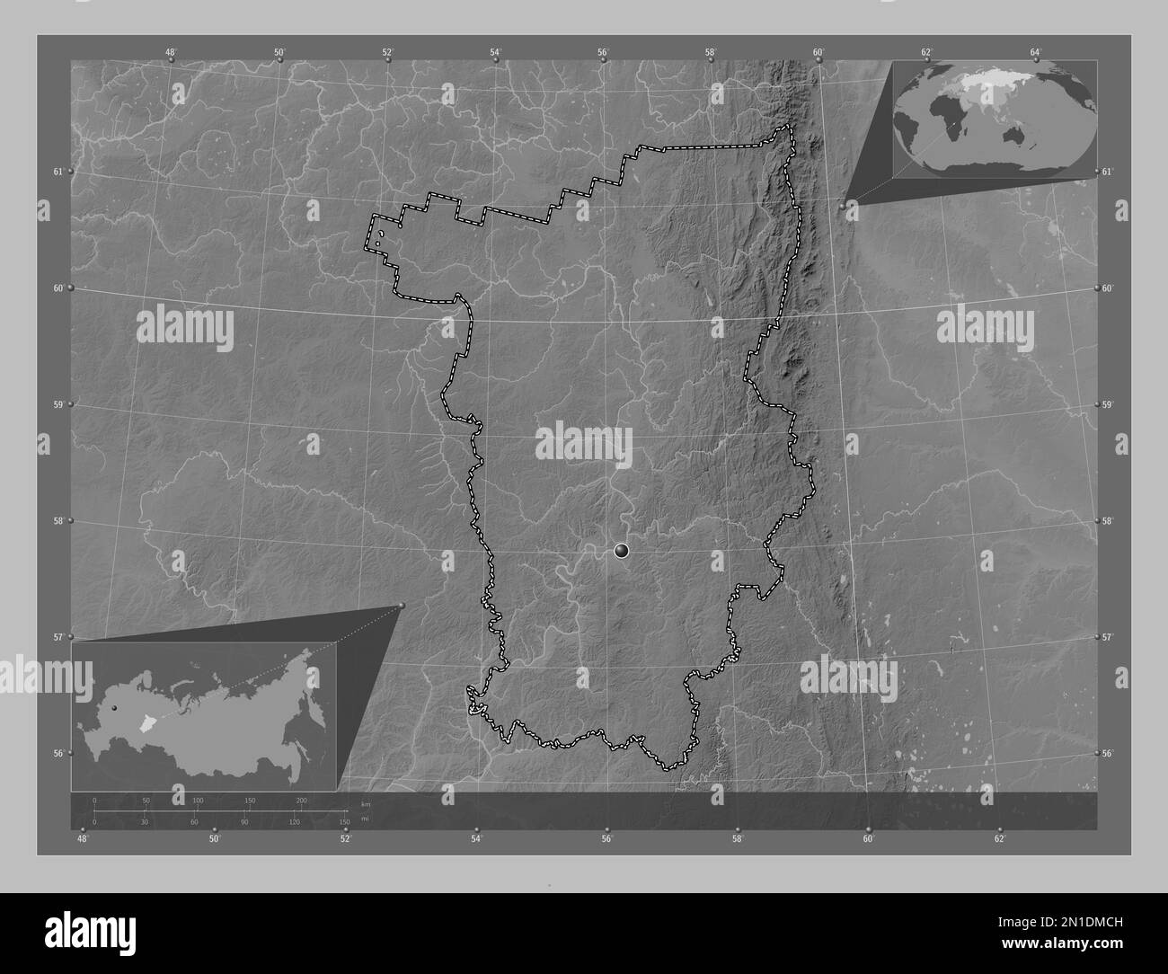 Perm', territory of Russia. Grayscale elevation map with lakes and ...