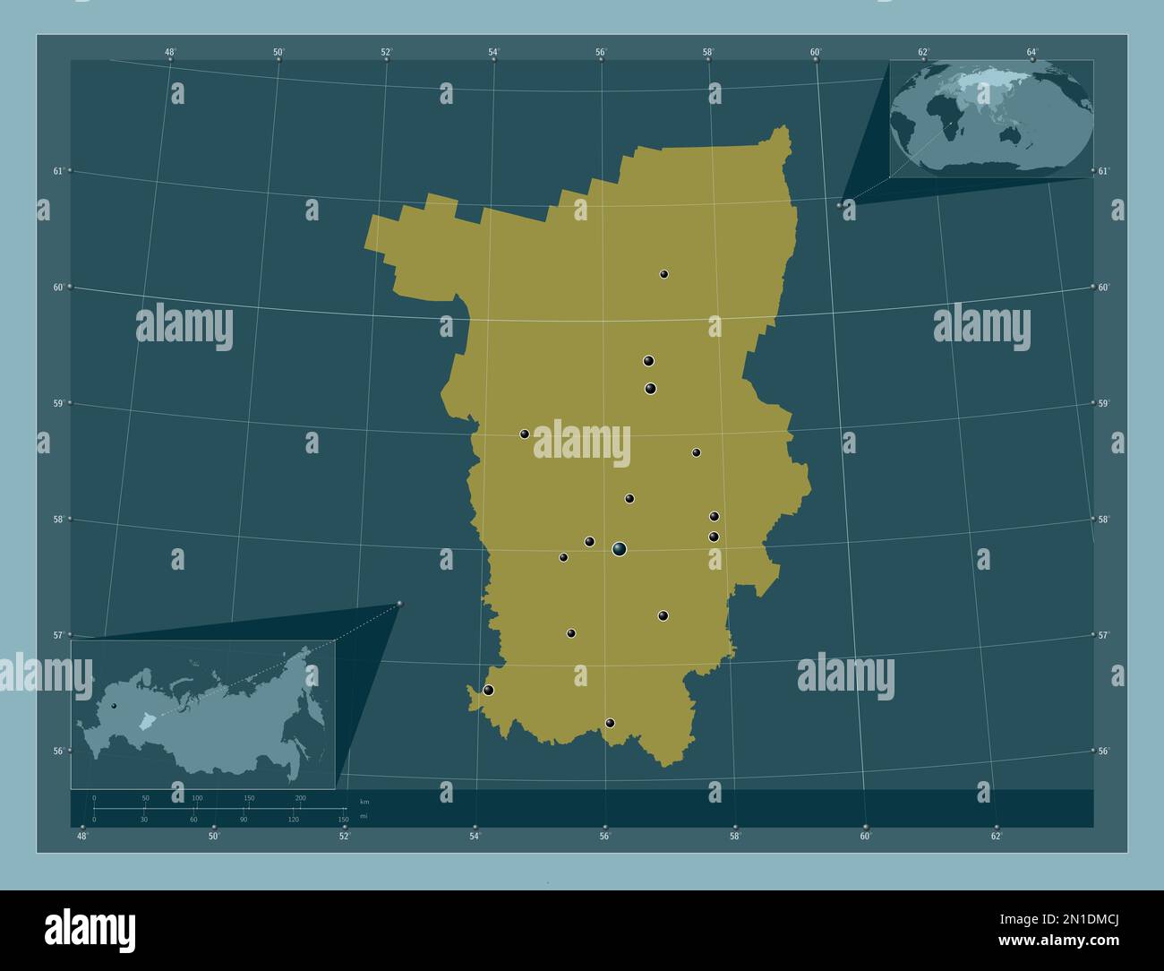 Perm', territory of Russia. Solid color shape. Locations of major ...