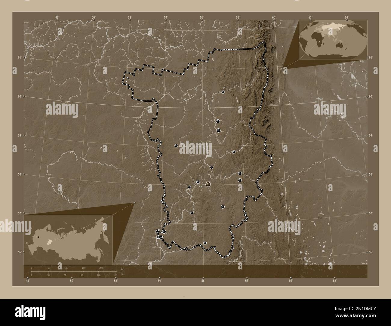 Perm', territory of Russia. Elevation map colored in sepia tones with ...