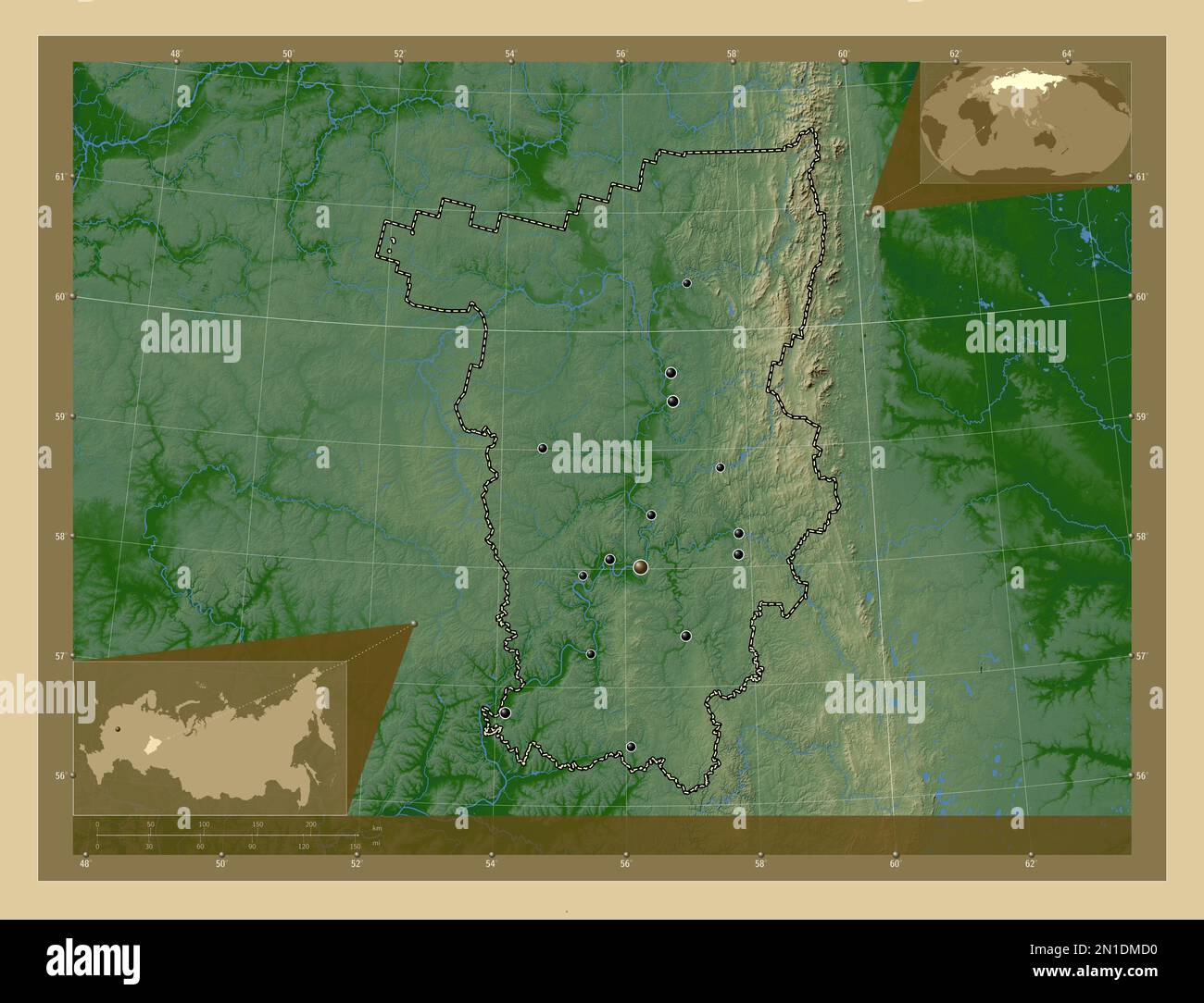 Perm', territory of Russia. Colored elevation map with lakes and rivers ...
