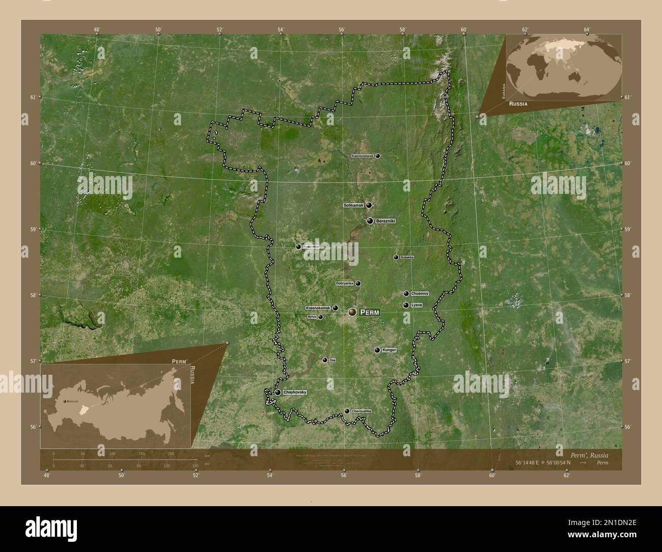 Perm', territory of Russia. Low resolution satellite map. Locations and ...