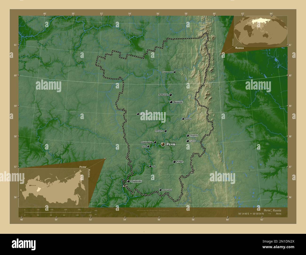 Perm', territory of Russia. Colored elevation map with lakes and rivers ...
