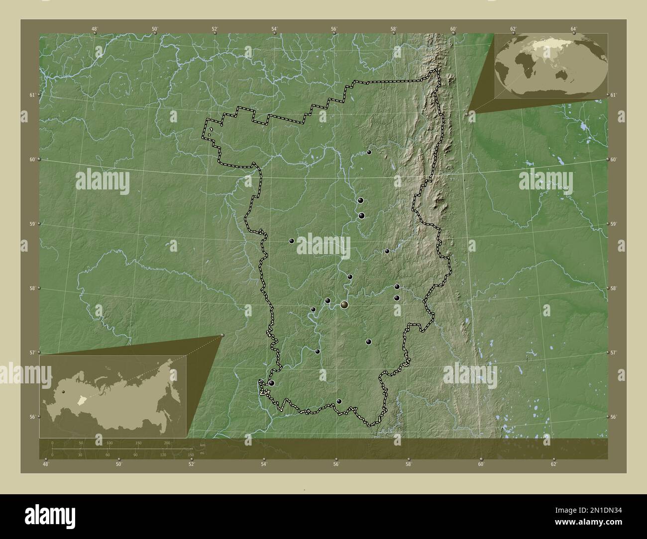 Perm', territory of Russia. Elevation map colored in wiki style with ...