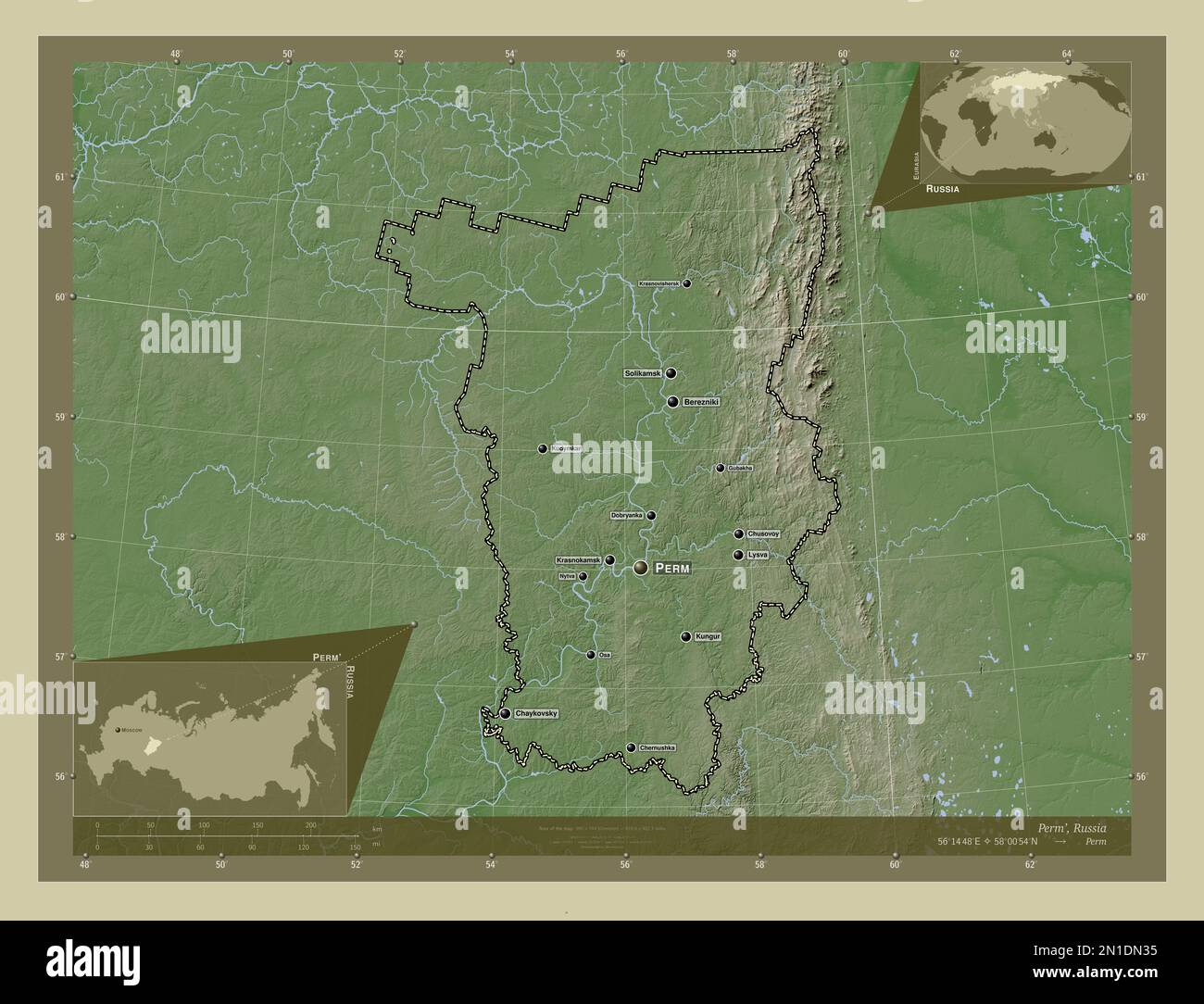 Perm', territory of Russia. Elevation map colored in wiki style with ...