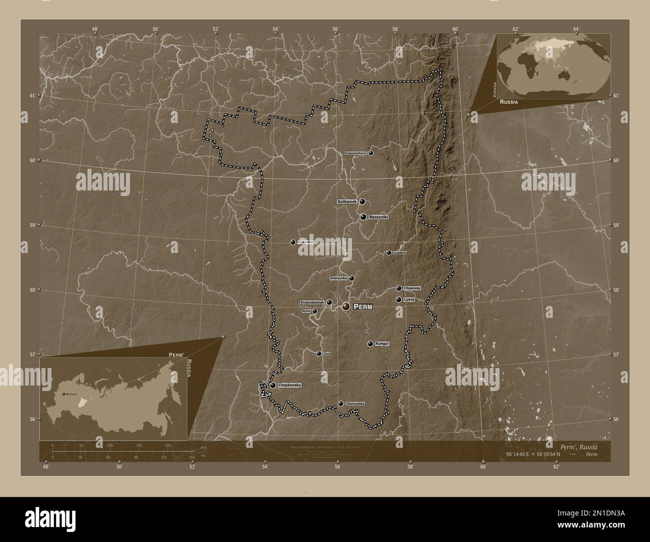 Perm', territory of Russia. Elevation map colored in sepia tones with ...