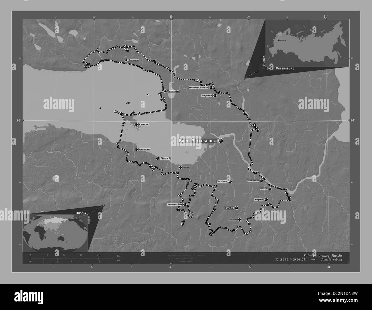 Saint Petersburg, city of Russia. Bilevel elevation map with lakes and ...