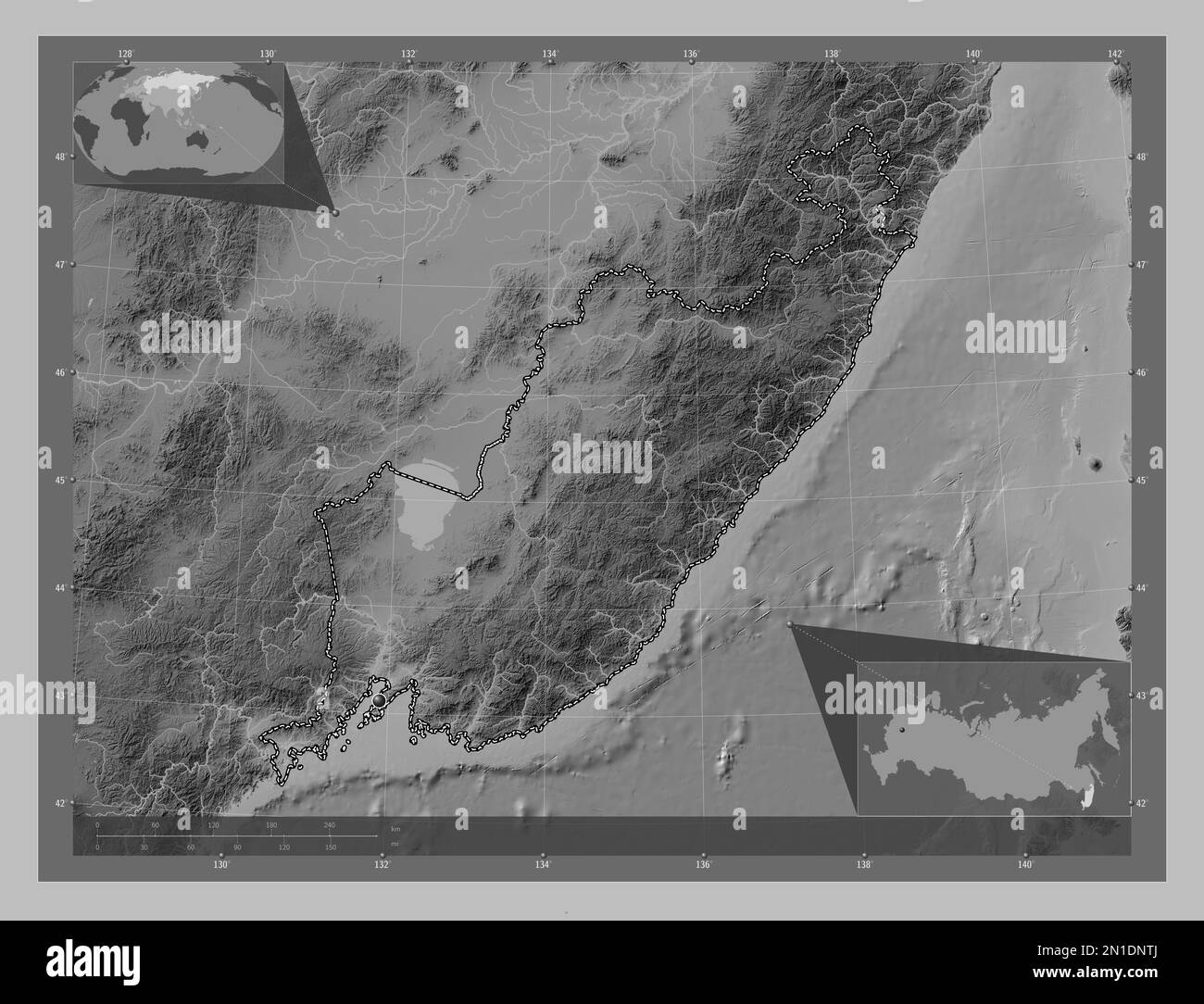 Primor'ye, territory of Russia. Grayscale elevation map with lakes and rivers. Corner auxiliary ...