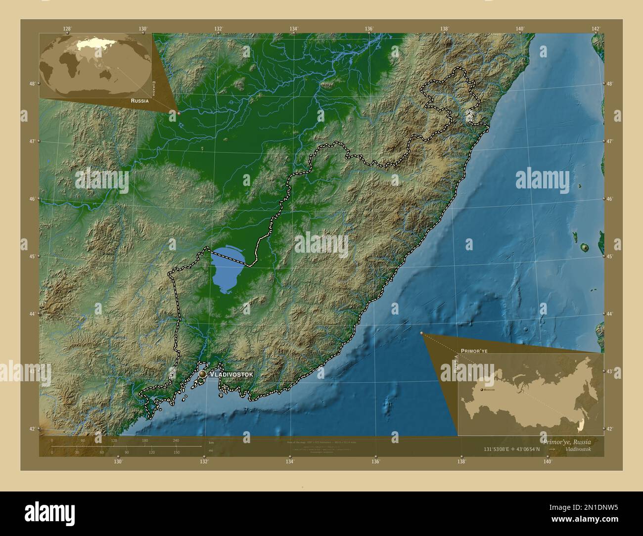 Primor'ye, territory of Russia. Colored elevation map with lakes and ...
