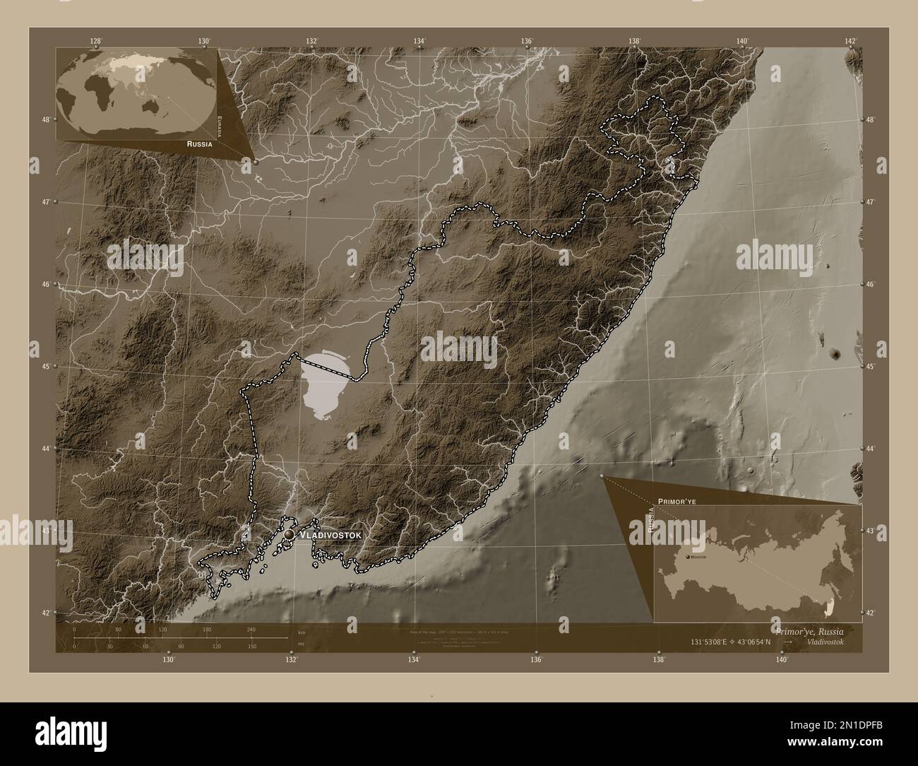 Primor'ye, territory of Russia. Elevation map colored in sepia tones ...