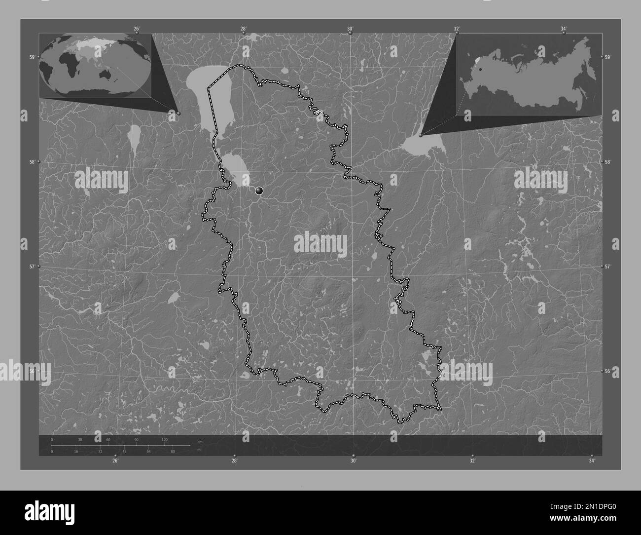 Pskov, region of Russia. Bilevel elevation map with lakes and rivers ...