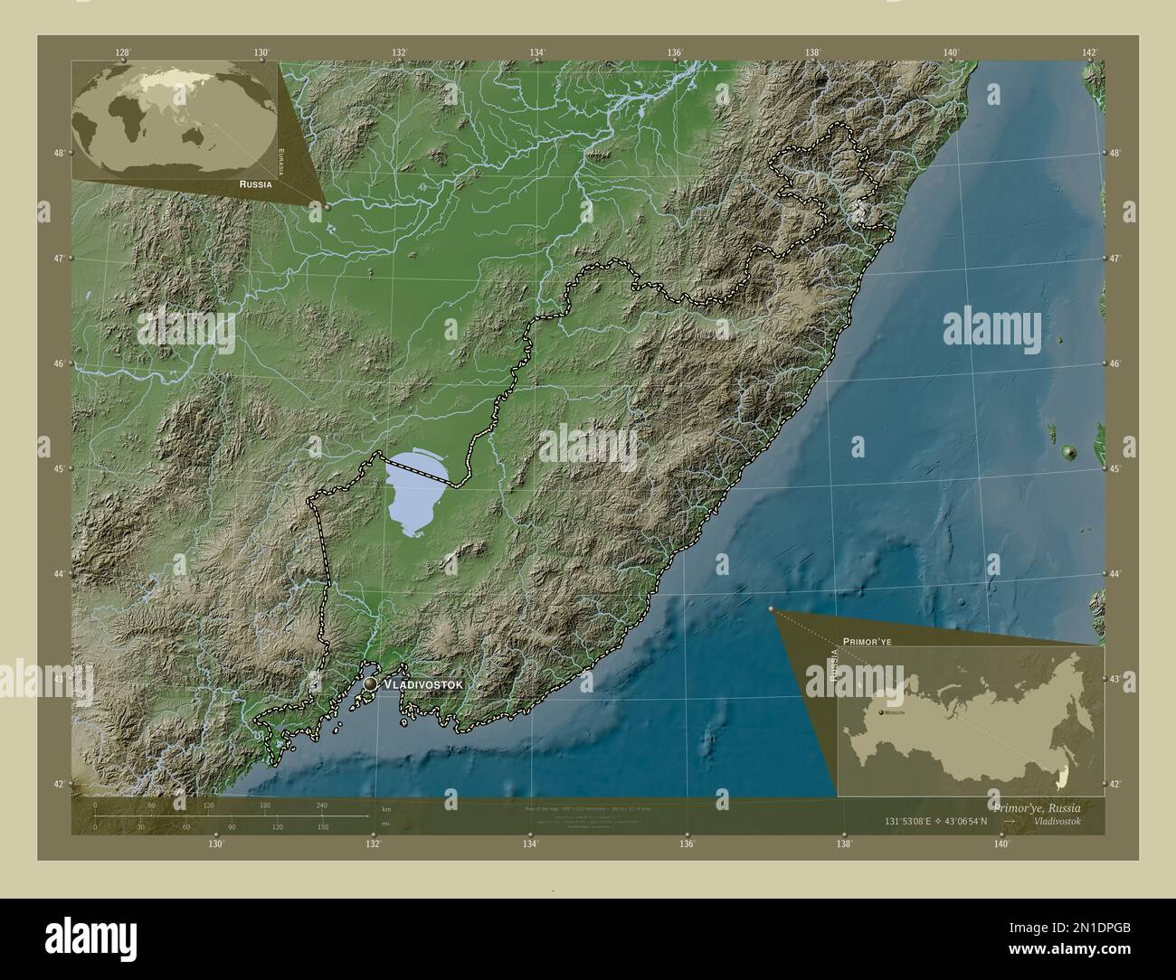Primor'ye, territory of Russia. Elevation map colored in wiki style ...