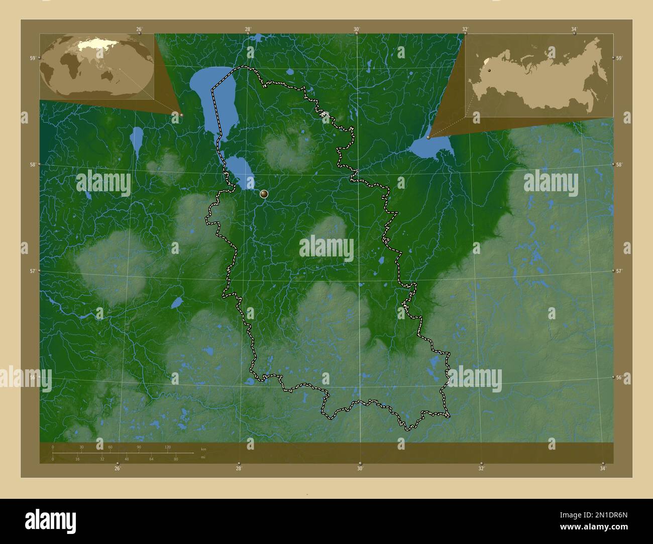 Pskov, region of Russia. Colored elevation map with lakes and rivers ...