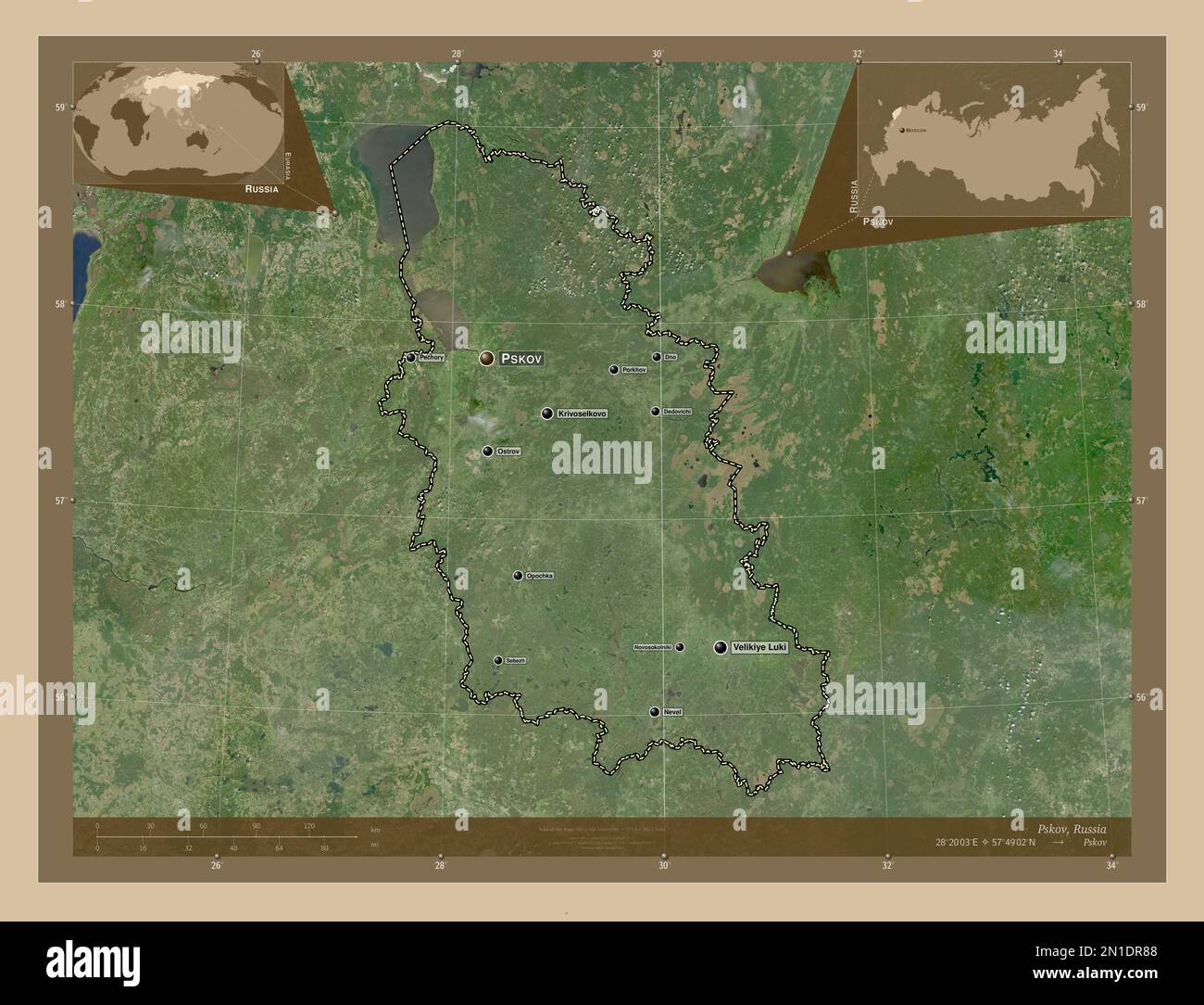 Pskov, region of Russia. Low resolution satellite map. Locations and ...
