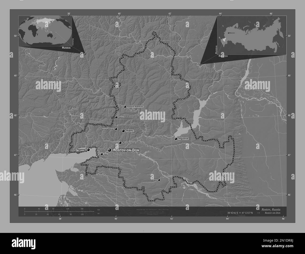 Rostov, region of Russia. Bilevel elevation map with lakes and rivers ...