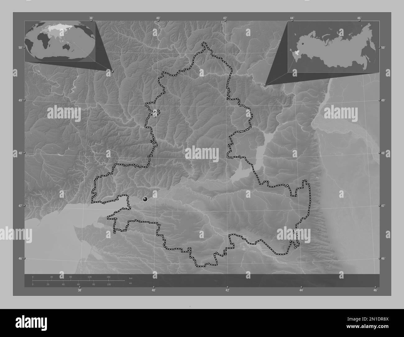 Rostov, region of Russia. Grayscale elevation map with lakes and rivers ...