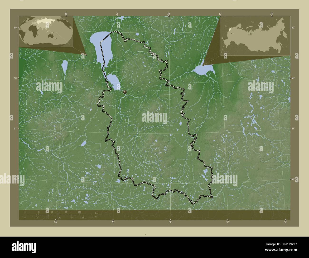Pskov, region of Russia. Elevation map colored in wiki style with lakes ...