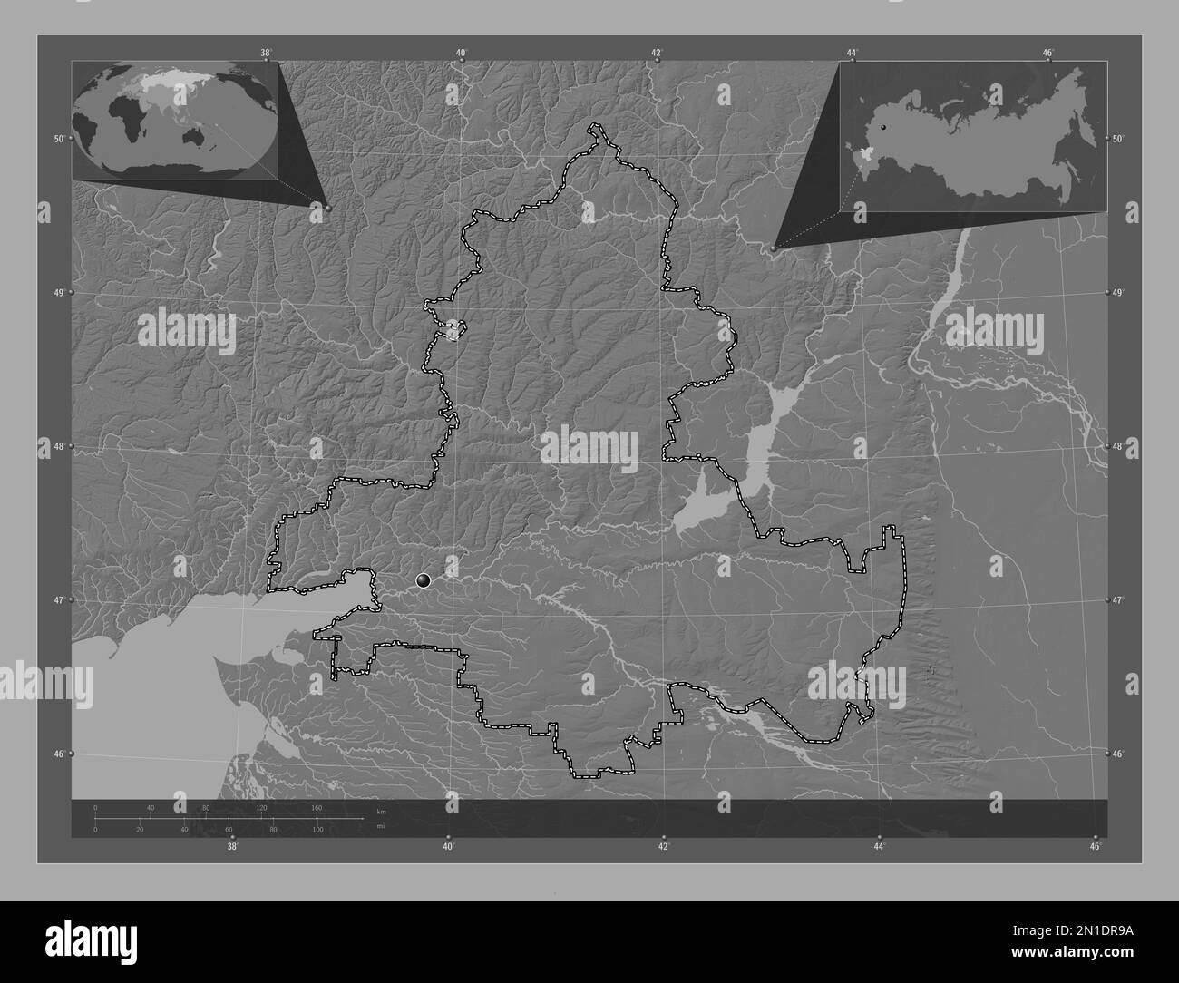 Rostov, region of Russia. Bilevel elevation map with lakes and rivers ...